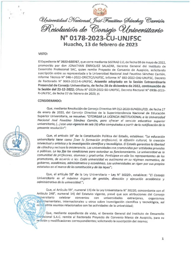 Convenio Actual Universidad Nacional Jose Faustino Sanchez Carrion | PDF