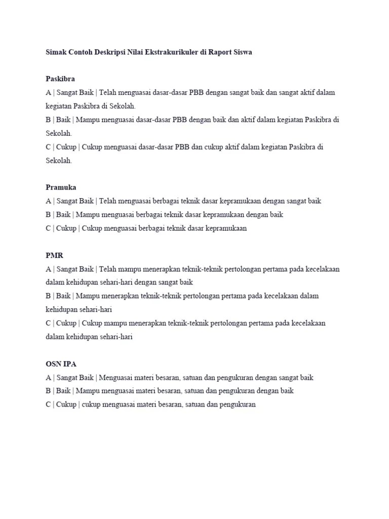 Contoh Deskripsi Nilai Ekstrakurikuler Di Raport Siswa | PDF