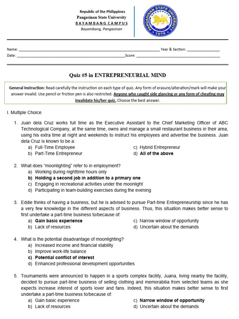Quiz 5 Module 5 Key Pdf Entrepreneurship Employment