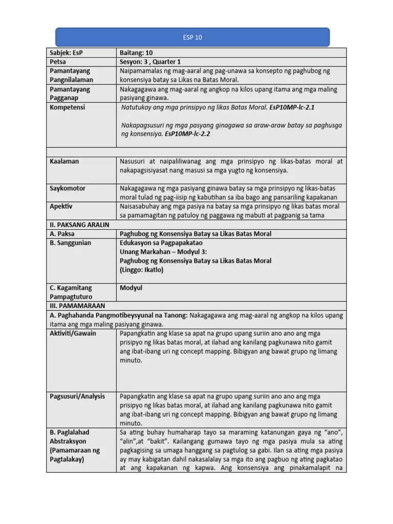 Esp10 Q1 Lesson Plan3 Q1 Pdf