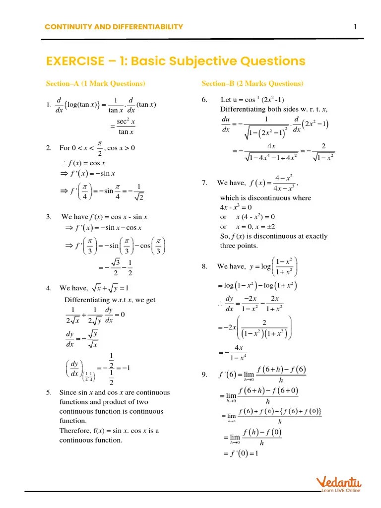 Continuity And Differentiability Exercises Pdf Differential