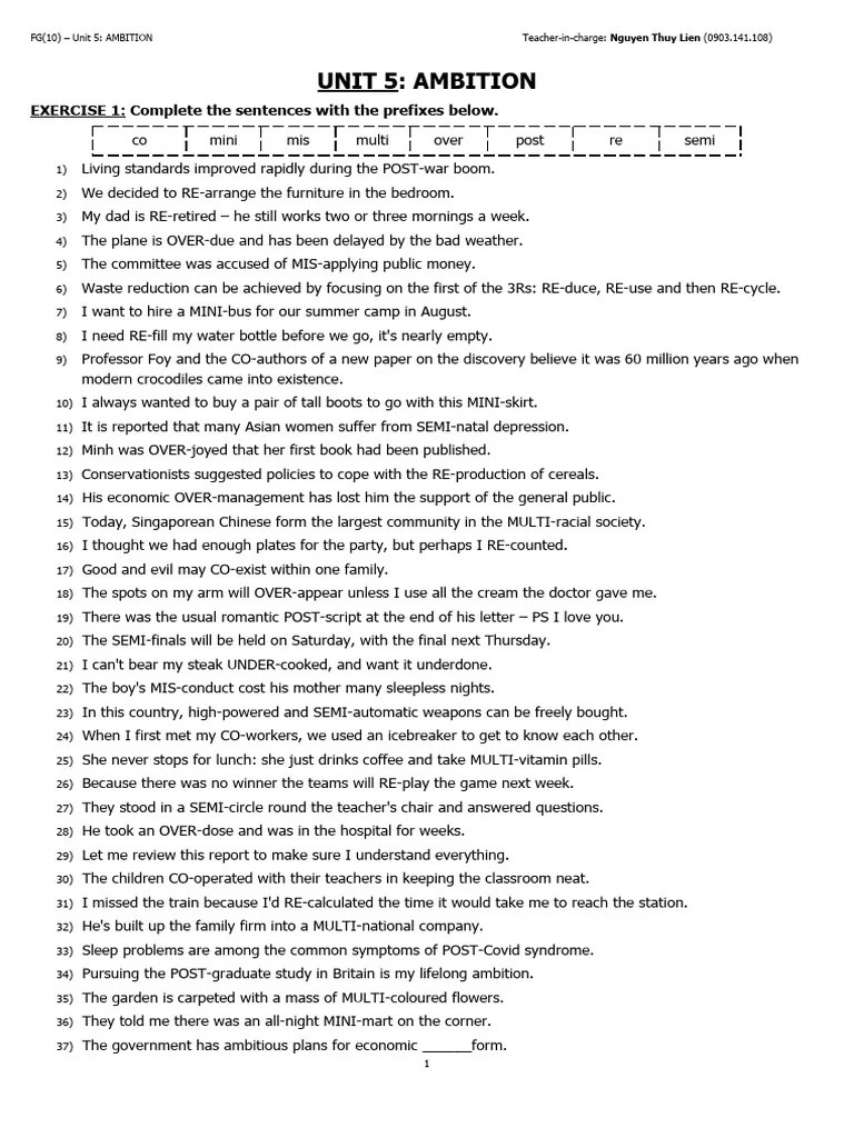 Unit 5 Ambition Prefix Exercises Pdf Recruitment Employment