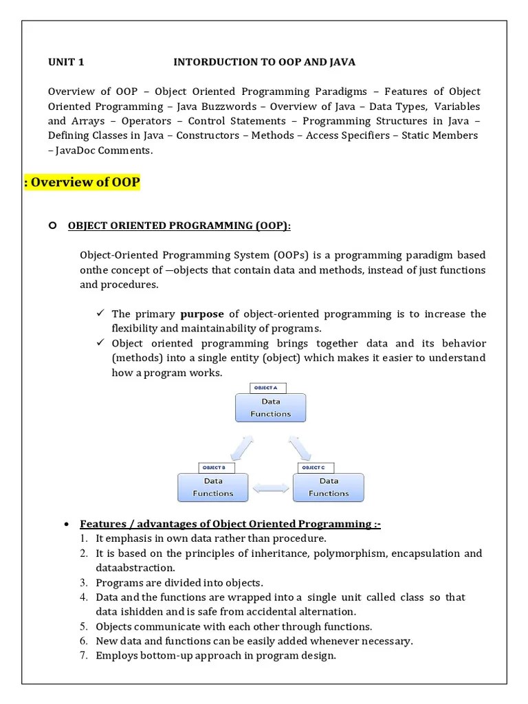 Oop Concepts And Java Overview Pdf Object Oriented Programming