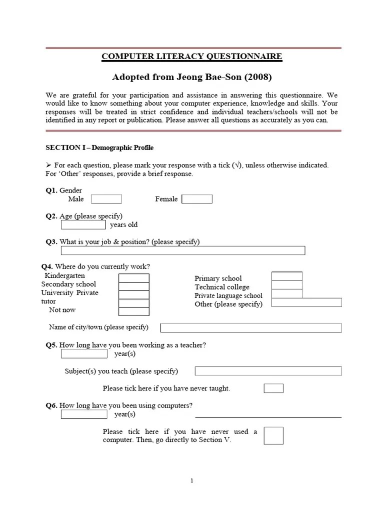 Computer Literacy Questionnaire Important Pdf