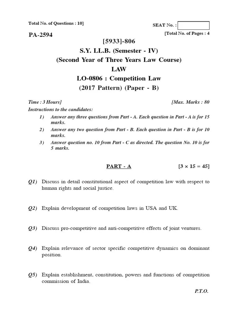 October 2022 Llb 4th Sem Pyq Pdf Arbitration Competition Law