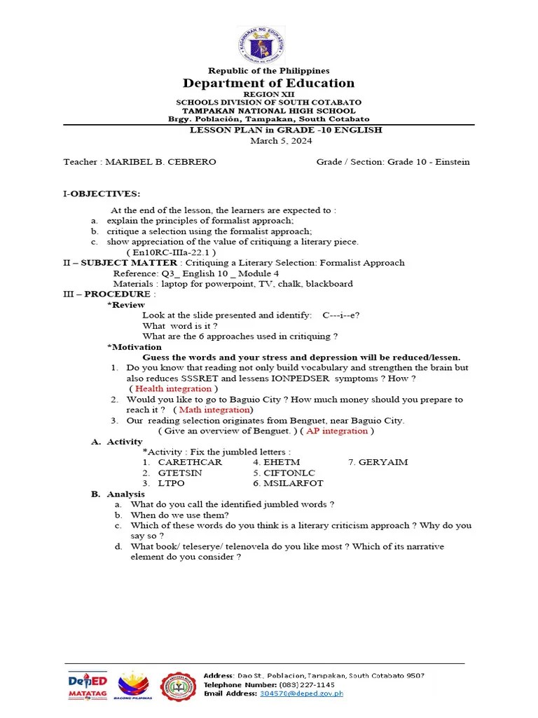 Lesson On Literary Critiquing Using Formalist Approach Pdf