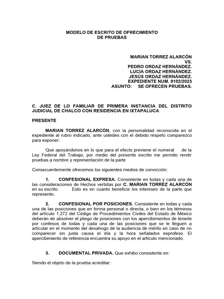 Modelo De Ofrecimiento De Pruebas Civil Pdf