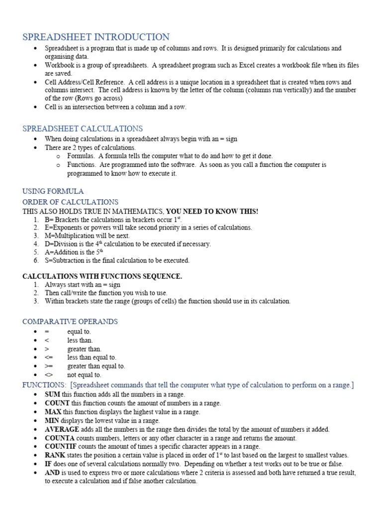 Spreadsheet Introduction Notes For Grade 10 Pdf Spreadsheet Computing
