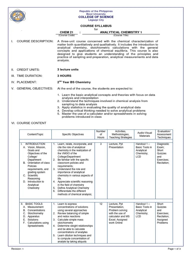 2011 2012 1st Sem Chem 21 Syllabus Rev 1 Pdf Chemical Equilibrium