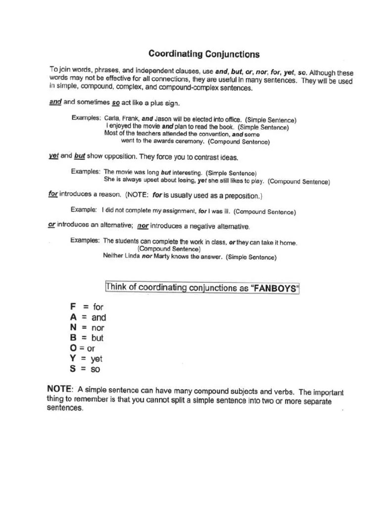 Coordinating Conjunctions And Compound Sentences Pdf