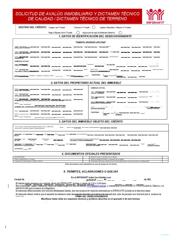 Solicitud De Avalúo Infonavit 2025 Pdf Hormigón Propiedad