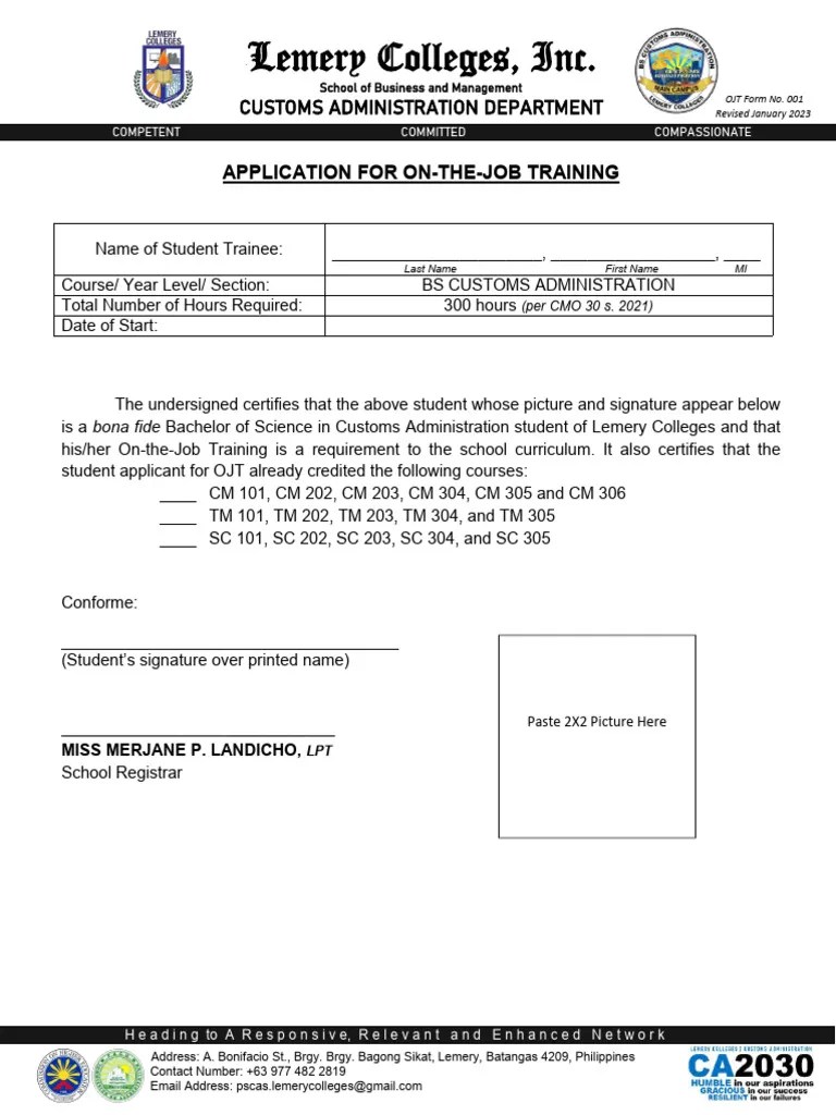 Ojt Form No 001 Application For Ojt Pdf Business