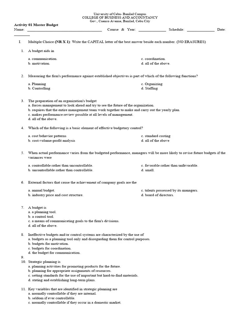 Master Budget Exam For Business Students Pdf Budget Strategic