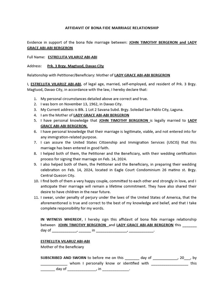 Affidavit Of Bona Fide Marriage Relationship | PDF | Affidavit | Marriage