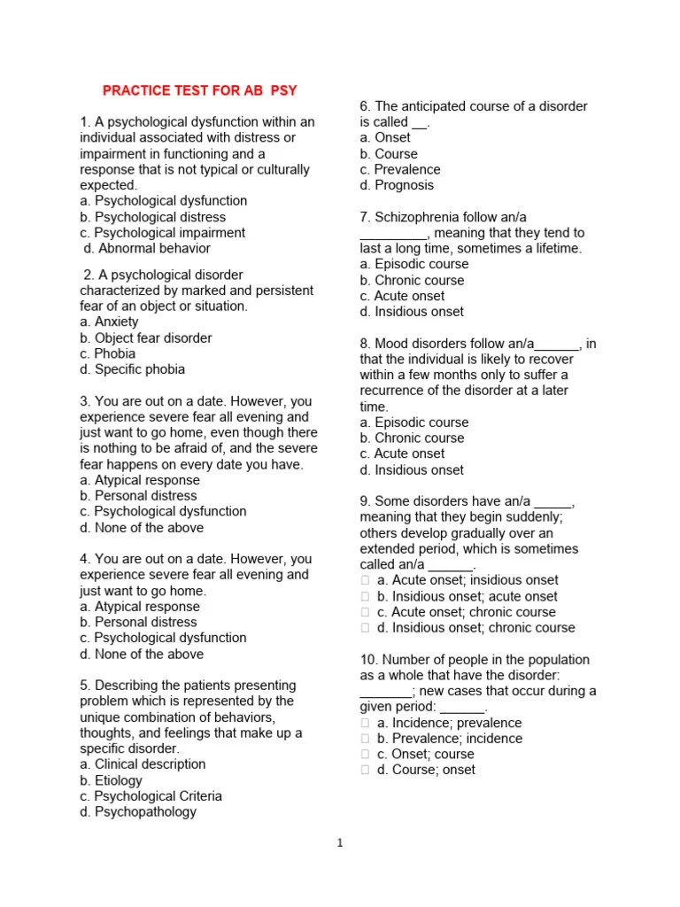 Practice Test For Ab Psy 100 Items Pdf Anxiety Disorder Mental
