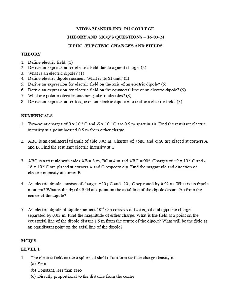 Electric Charges And Fields Assignment 2 Modified Pdf Electric