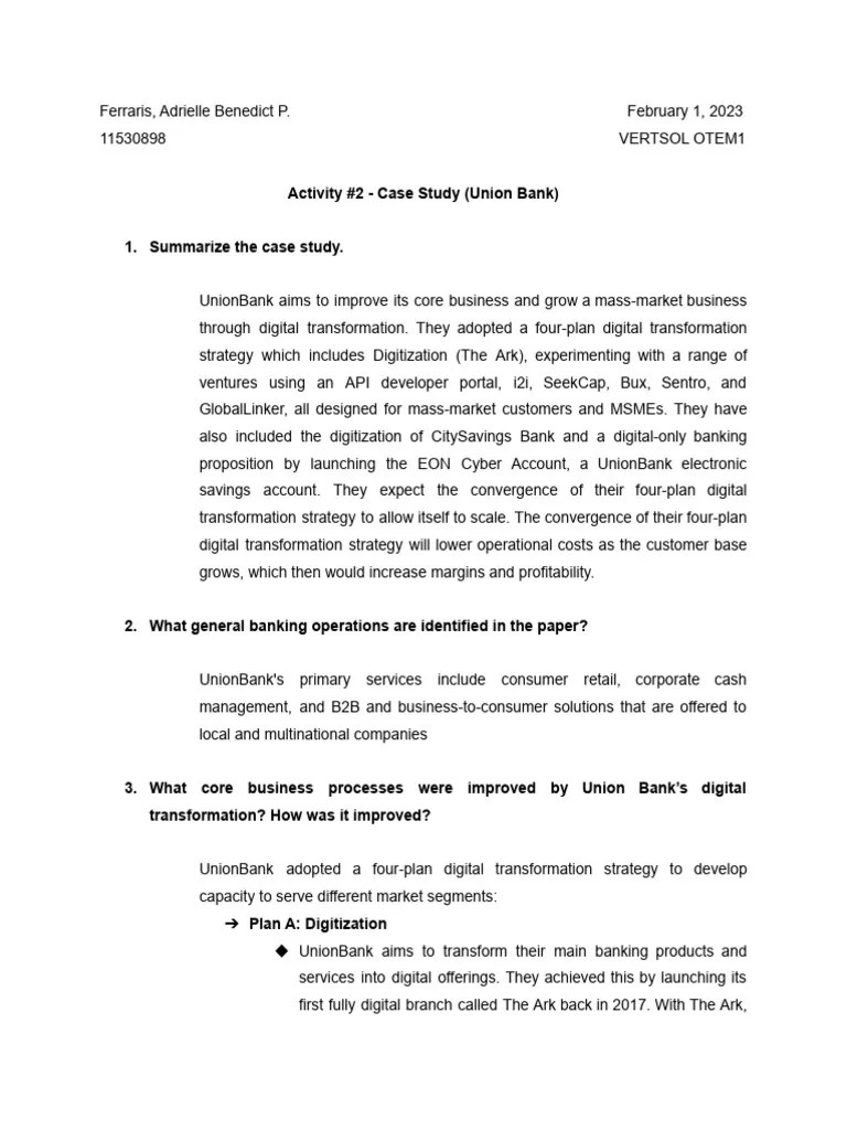 Case Study Union Bank Pdf Banks Loans