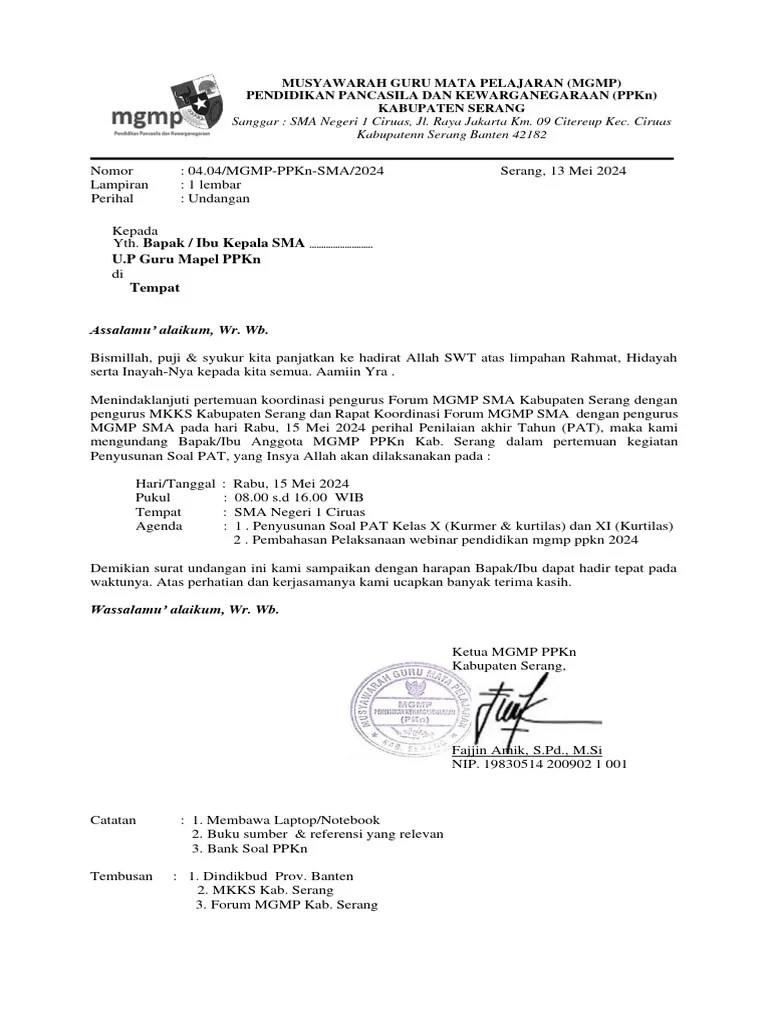 Surat Undangan Penyusunan Soal Mgmp Ppkn 13 Mei 2024 Pdf Gaya Hidup
