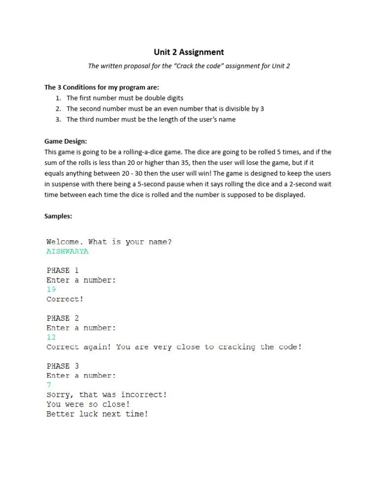 Unit 2 Assignment Crack The Code Written Proposal Pdf Games