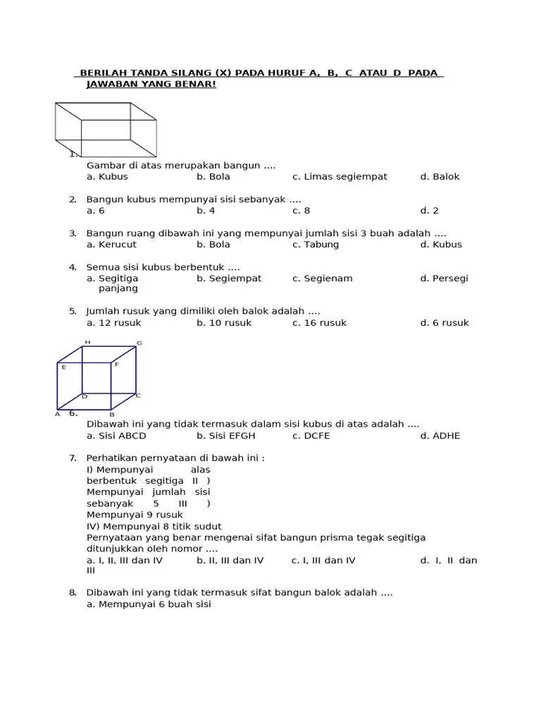 Soal Matematika Kelas 4 Sd Bab 10 Bangun Ruang Dan Kunci Jawaban Www