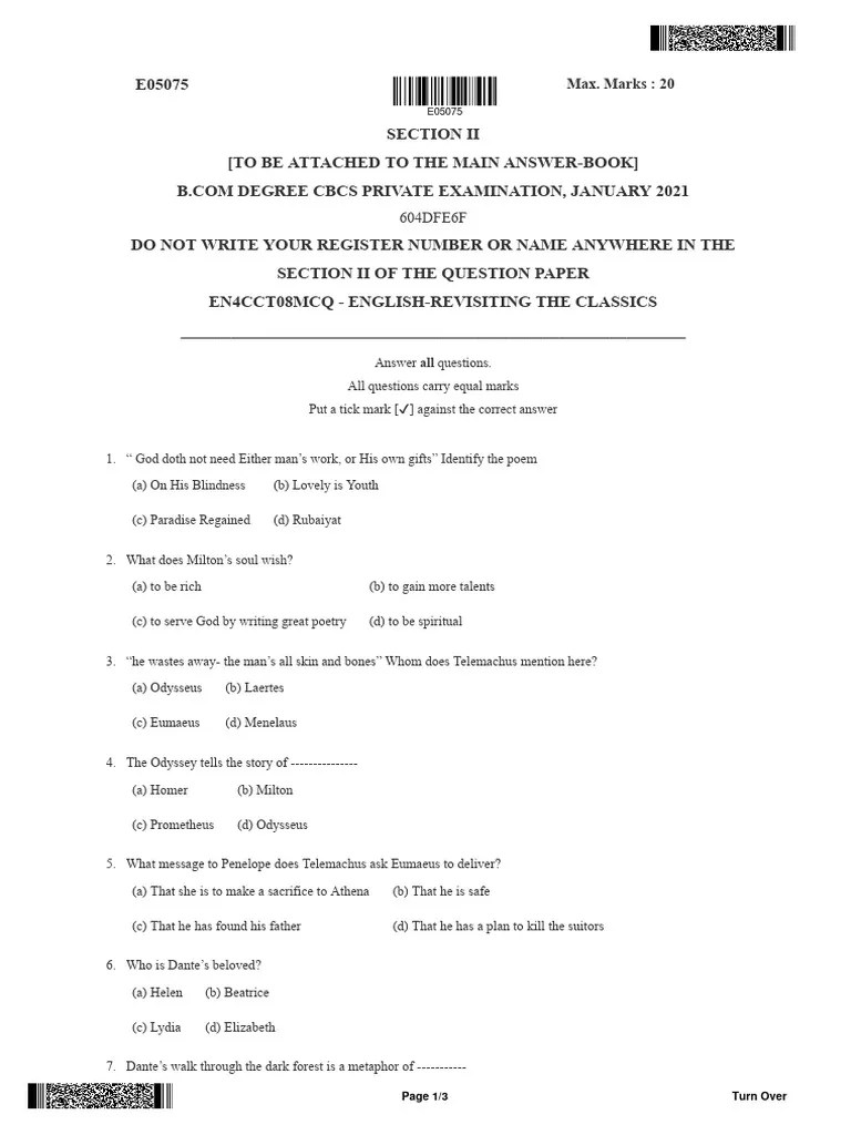 B Com English Mcqs Revisiting Classics Pdf Odyssey Ancient Greek