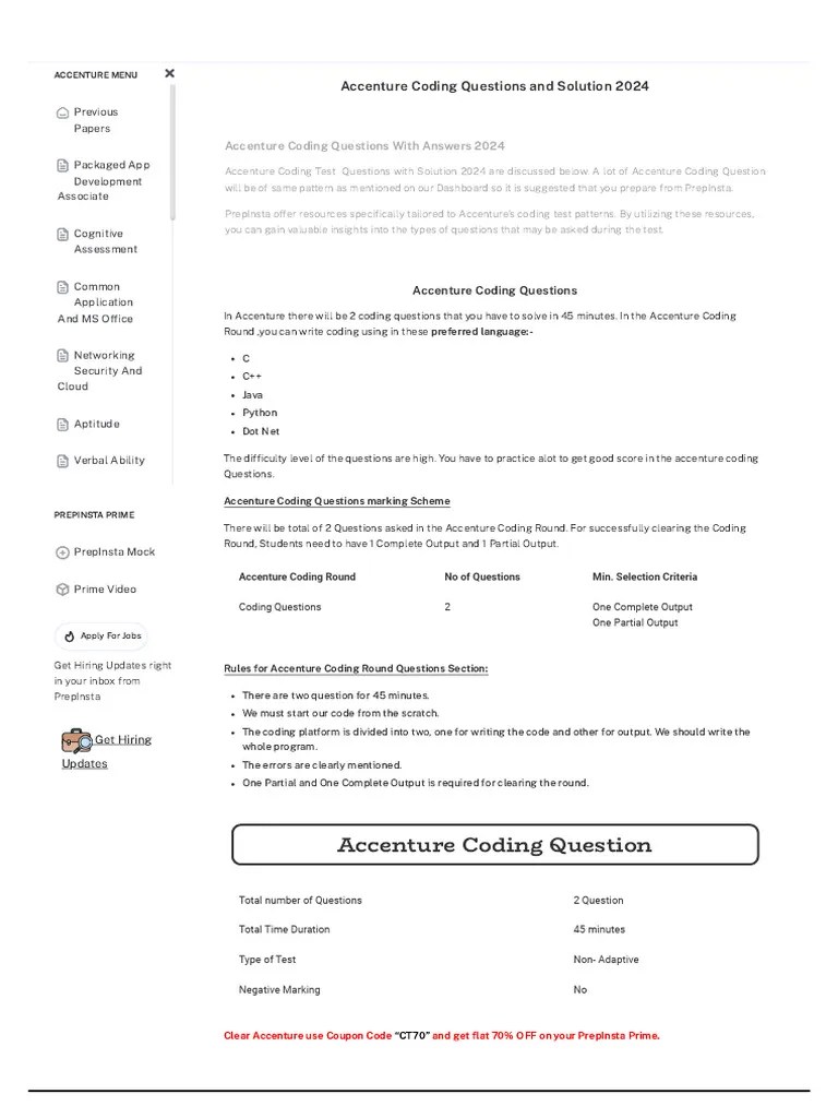 Accenture Coding Questions And Answers 2024 - PrepInsta | PDF | Integer ...