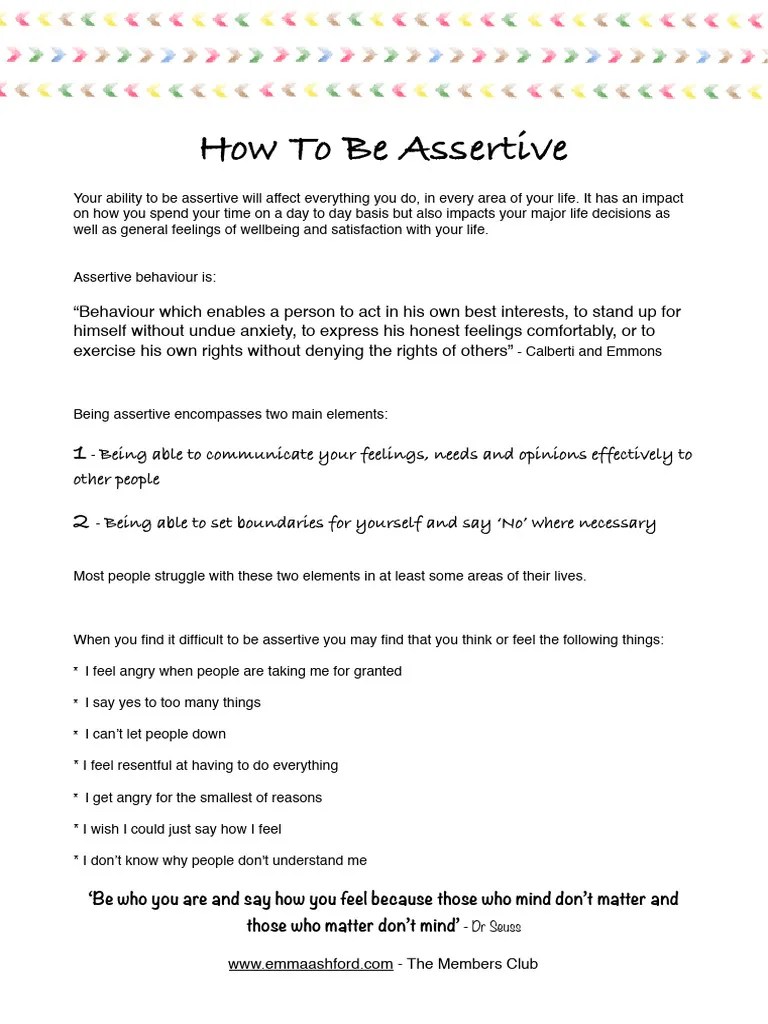 Learning To Be Assertive Workbook Pdf Feeling Self Esteem