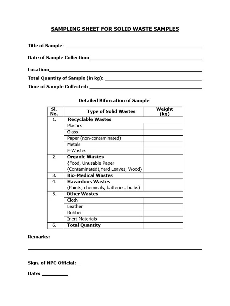 Sampling Sheet For Solid Waste Samples Pdf