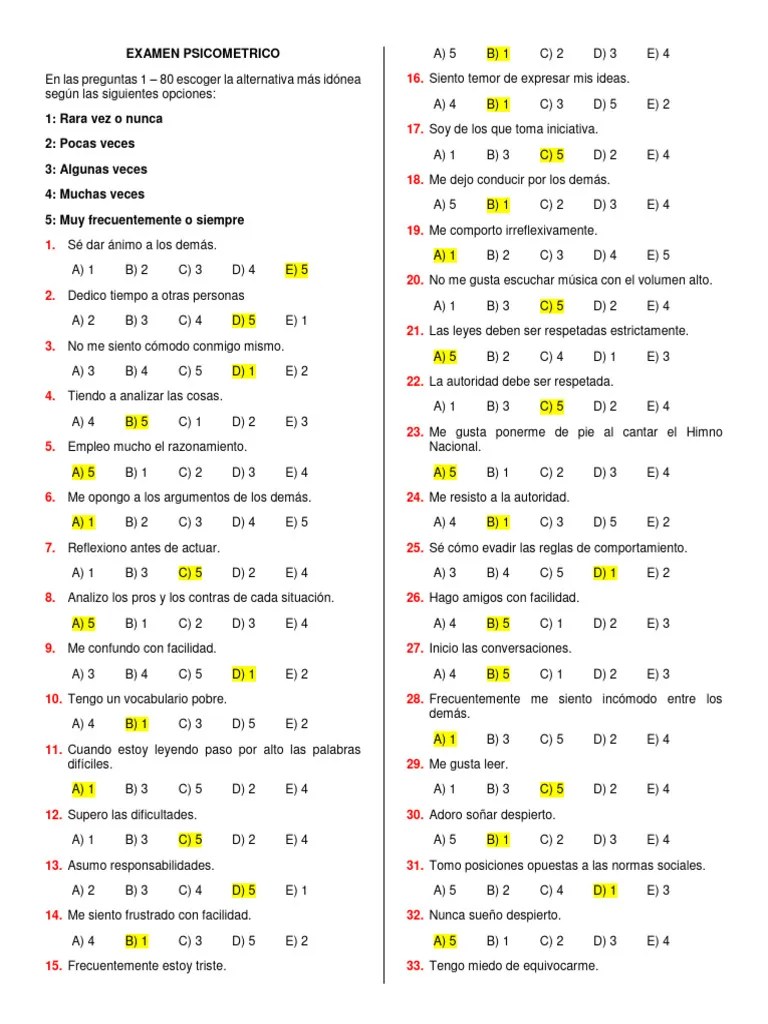 Examen Psicométrico Con Respuestas 2024 Pdf