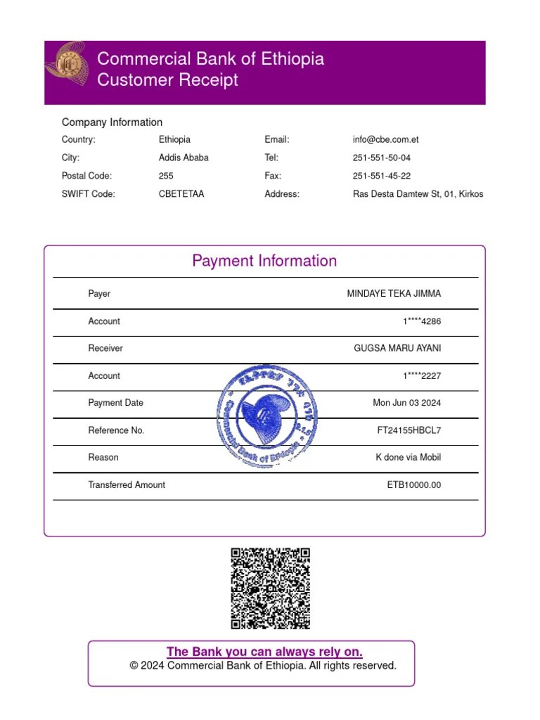 Cbe Payment Receipt Pdf