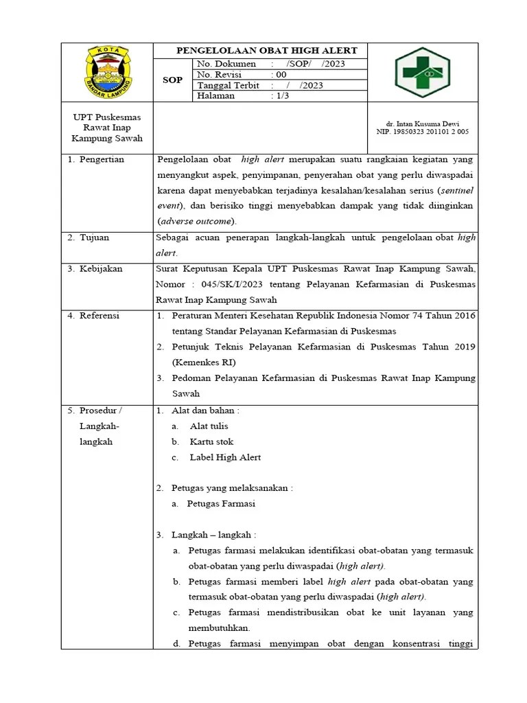 A 1 Sop Pengelolaan Obat High Alert Pdf