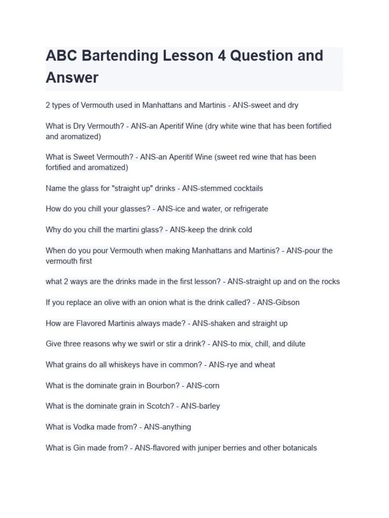Abc Bartending Lesson 4 Question And Answer Pdf Martini Cocktail