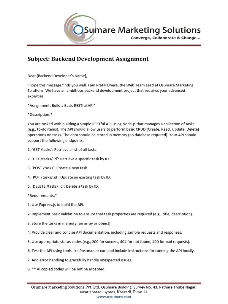 Back End Assignment Fullstack Intern Osumare Pdf Computer Science