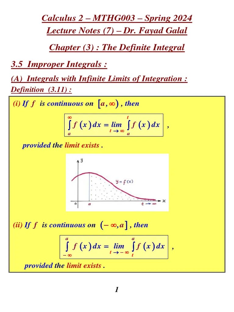 Improper Integrals In Calculus 2 Pdf Integral Limit Mathematics