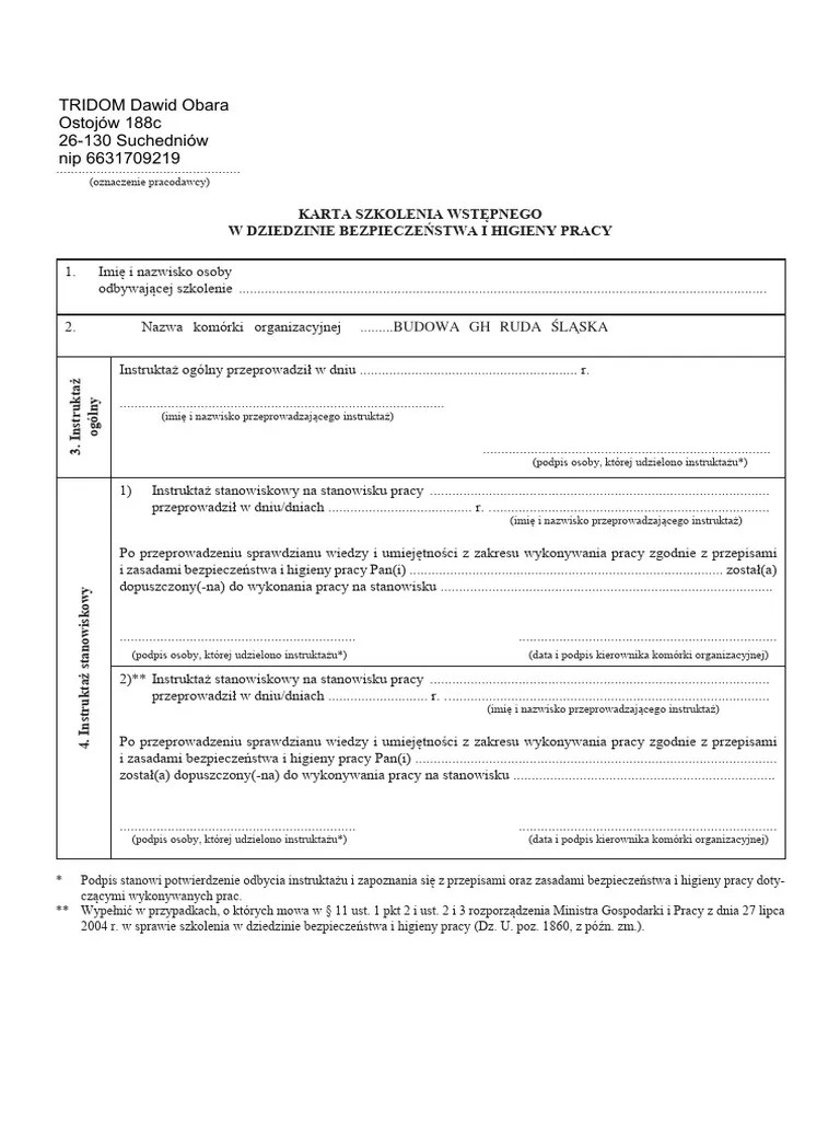 Karta Szkolenia Wstepnego W Dziedzinie Bezpieczenstwa I Higie | PDF