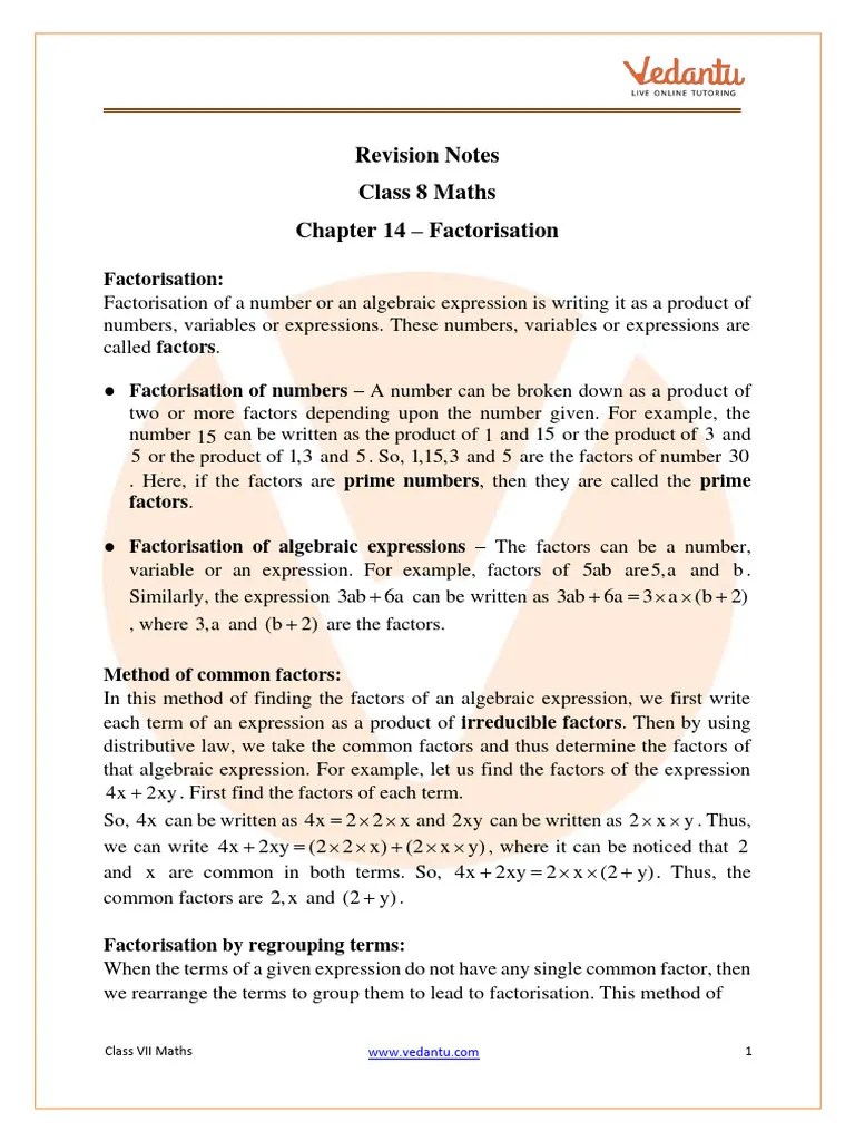 Class 8 Maths Factorisation Notes Pdf Factorization Polynomial