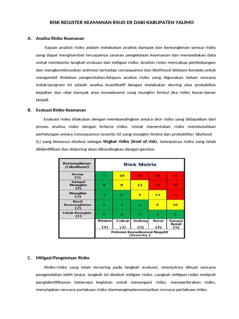 Risk Register Keamanan Rumah Sakit Erd Pdf