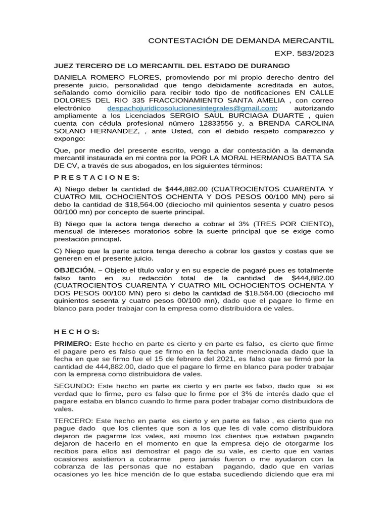 Contestación De Demanda Mercantil Pdf
