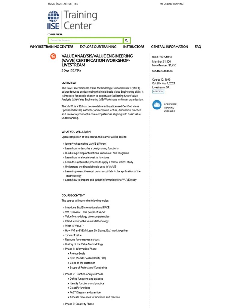 Value Analysis Value Engineering Va Ve Certification Workshop