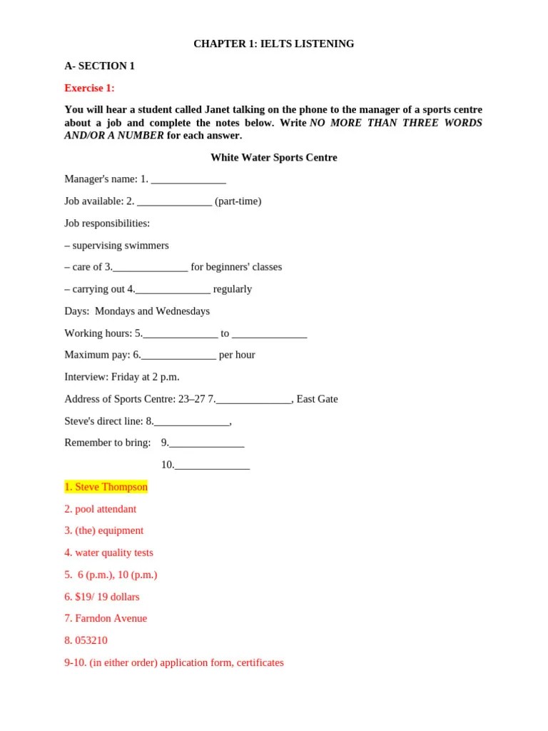 Ielts Listening Part 1 With Key Ex1 10 Pdf