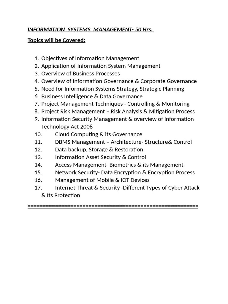 Information Systems Management Syllabus Pdf Technology Engineering