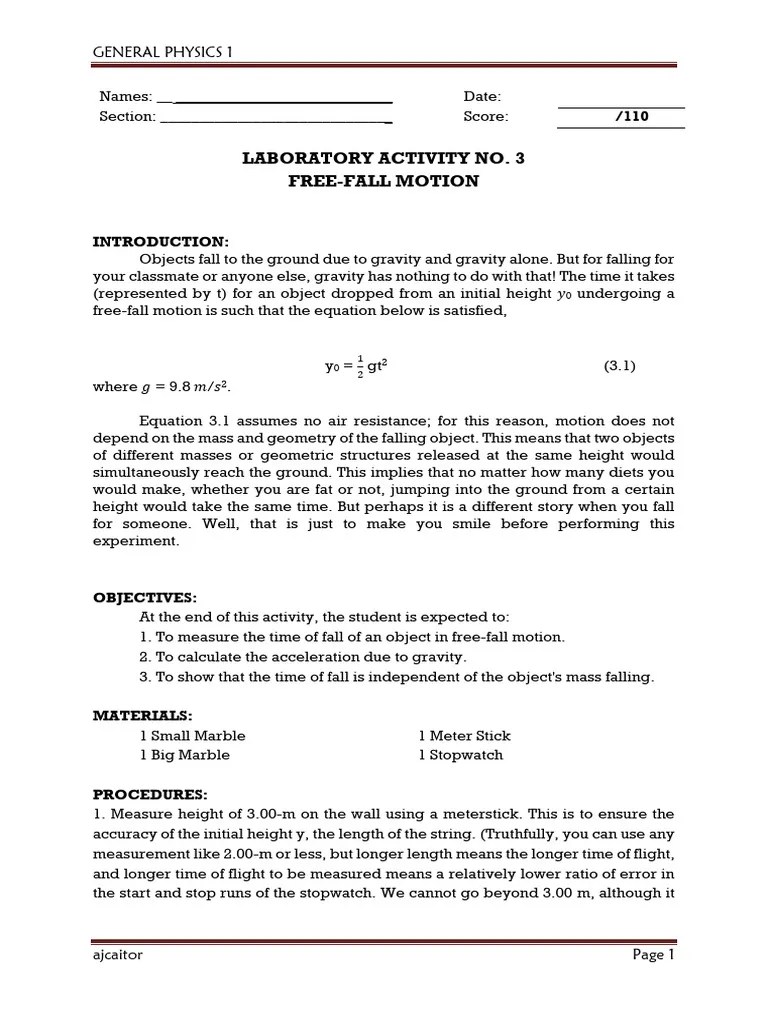 Lab Activity 3 Free Fall Motion Pdf Gravity Mass