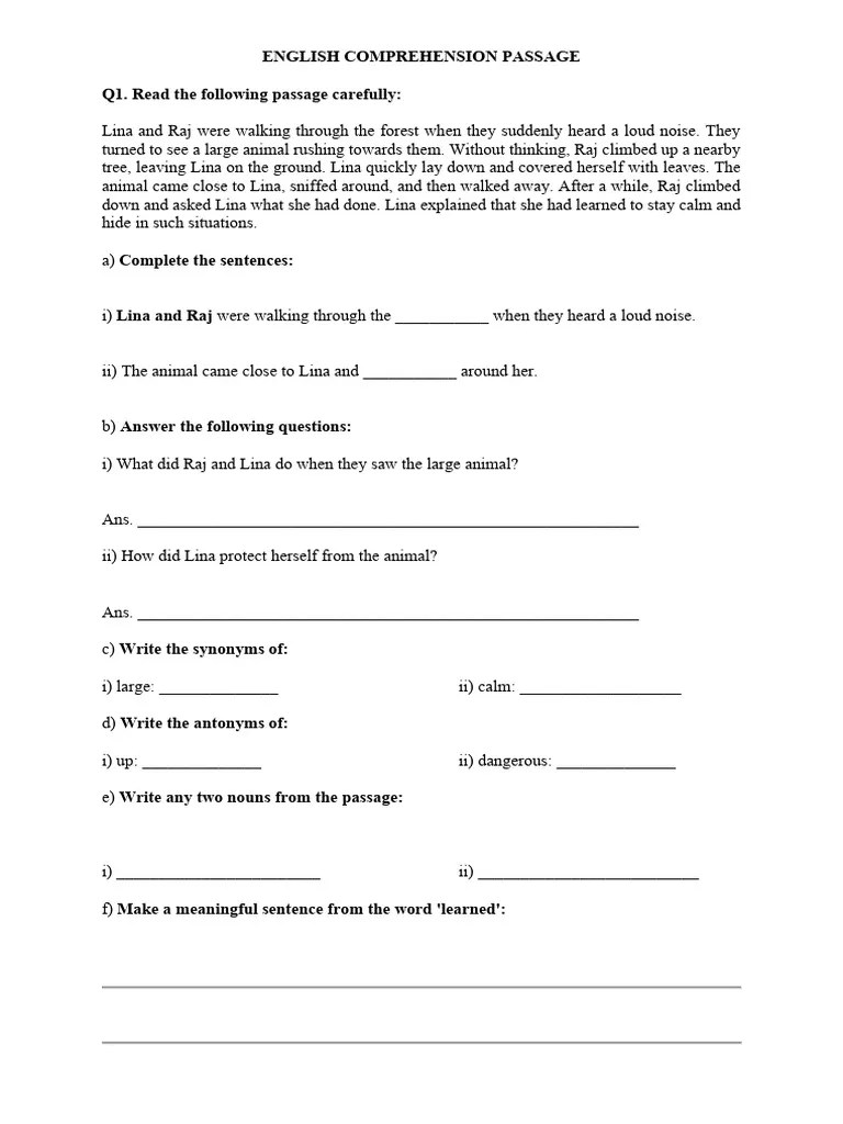 English Comprehension Passage Pdf