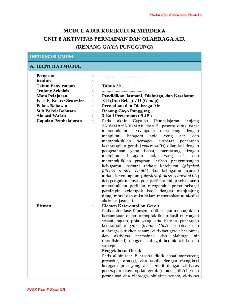 Modul Ajar Unit 8 Aktivitas Permainan Dan Olahraga Air Pdf