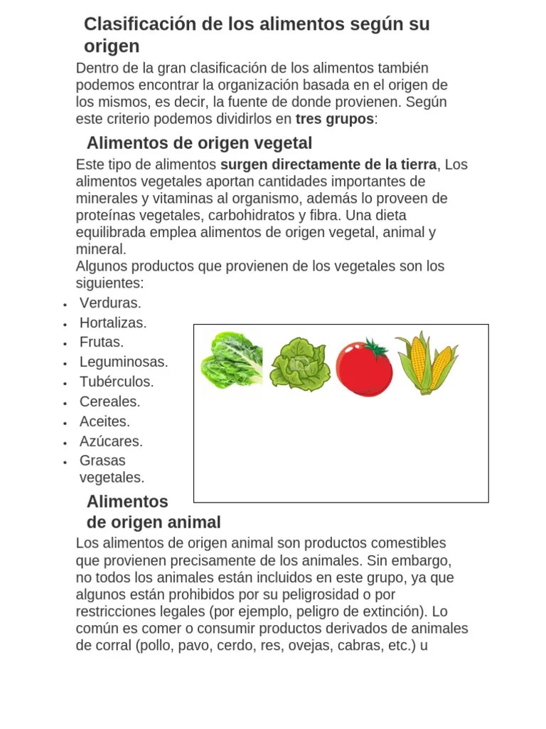 Clasificación De Los Alimentos Según Su Origen Pdf