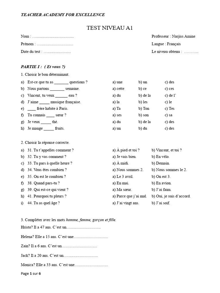 Test Niveau A1 Pdf