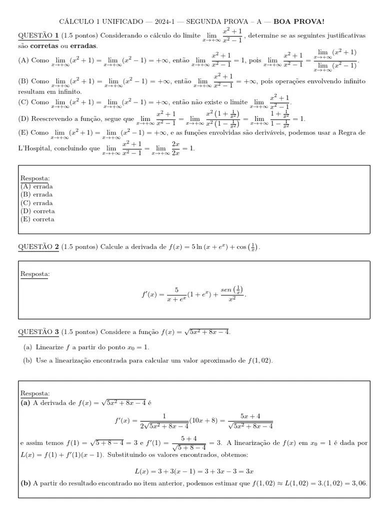 Prova De Cálculo 1 Questões E Respostas Pdf Cálculo Matemática