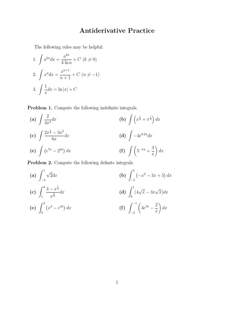 Antiderivative Practice Pdf