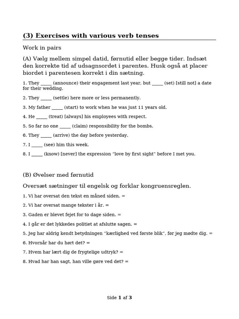 Exercises With Various Verb Tenses Pdf
