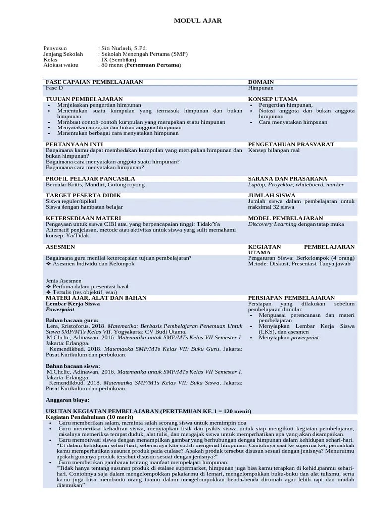 Modul Ajar Himpunan Untuk Smp Kelas Ix Pdf Karier Perkembangan